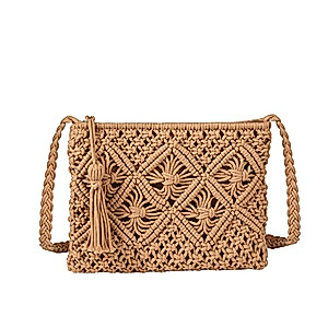 Eiyye Boho Crossbody Handbag Summer Beach Purse Crossbody, Boho Envelope Clutch Crochet Handmade Purse with Tassel, Khaki