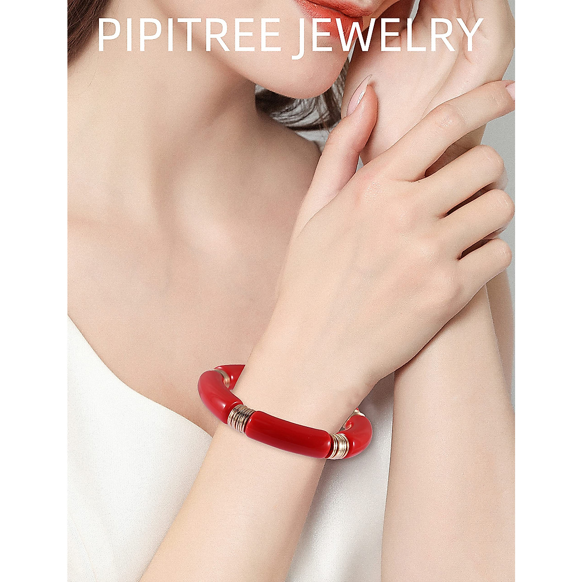 PIPITREE Bamboo Tube Bangles Bracelet For Women ，Chunky Curved Stacking Clear Acrylic Colorful Beads Stretchable Gold Bracelets Friendship Summer Beach Jewelry