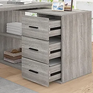 HSH L Shape Desk with Drawers, L-Shaped Desk with Storage Cabinet Shelves, Home Office Corner Computer Desk for Executive Writing, Modern Wood Study PC Table in Bedroom Living Room, Grey Oak, 55 Inch