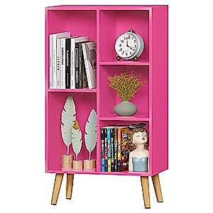 LEYAOYAO 5 Cube Bookshelf, 3-Tier Bookcase with Legs, Pink Kids Book Shelf Cute Storage Organizer, Free Standing Open Toy Shelves Modern Bookshelves,Wood Display Bookcases for Bedroom,Living Room