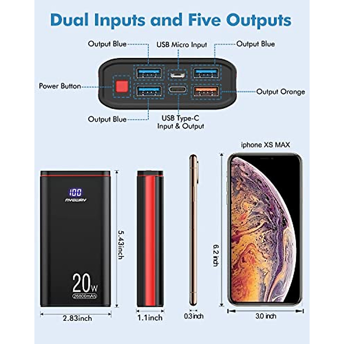 Ayeway Battery Pack USB C Portable Charger PD 20W Fast Charging 26800mAh Power Bank with Type C Output,External Battery Phone Charger for iPhone 13,14,MacBook,Samsung Galaxy,Camping Lantern,USB Fan.