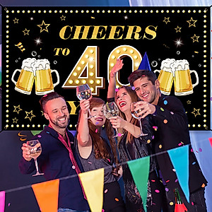Happy 40th Birthday Decorations for Men Women, Cheers to 40 Years Banner Backdrop, 40th Anniversary, 40 year Reunion Decor, Black Gold Forty Birthday Party Sign Poster Supplies PHXEY (6.1ft x 3.6ft）