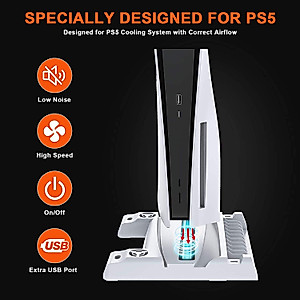 BEJOY Multifunctional Vertical Stand with Headphone Stand, 3-Level Rotate Fans Speed, Dual Type-C PS5 Charging Station with Gaming Headset Holder, 11 Games Boxes Storage, White…