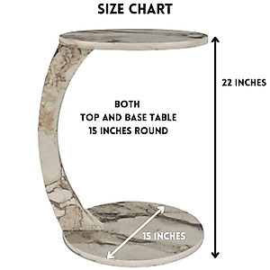 Furpinea C Shaped End Table for Couch Small Places, Faux Marble White Space Saver Round Side Table for Sofa and Bedside with Wheels, Coffee and Snack Time Tray for Living Room (White Marble)