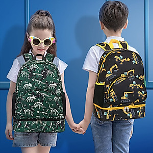 LEDAOU Kids School Backpack with Lunch Cooler Compartment 2 in 1 Boys Girls Bookbag and Insulated Lunch Bag for Preschool Kindergarten Elementary (Construction Vehicle)