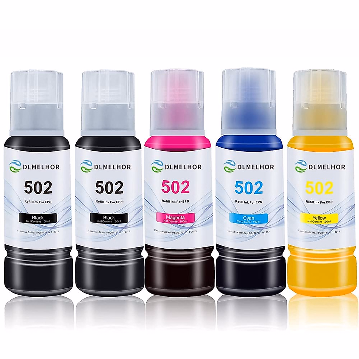 DLMELHOR Compatible for Epson 502 Refill Ink Bottle Kit T502 Premium Ink for EcoTank ET-2720 ET-2800 ET-2760 ET-2803 ET-4700 ET-3760 ET-15000 Printers 2xBlack, Cyan, Magenta, Yellow,5-Bottles 100ML
