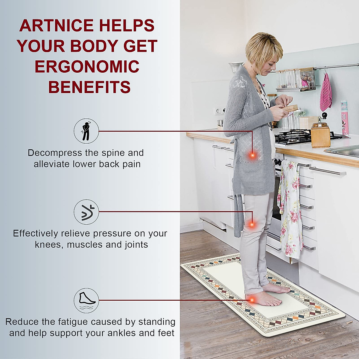 Artnice Kitchen Counter Mats 1 Pack, Colorful Geometric Trellis Khaki Non Slip Kitchen Rug, Stress Mats for Standing at Work Places, Rug for Kitchen Sink Area, Stove, Office, Laundry, Bedroom