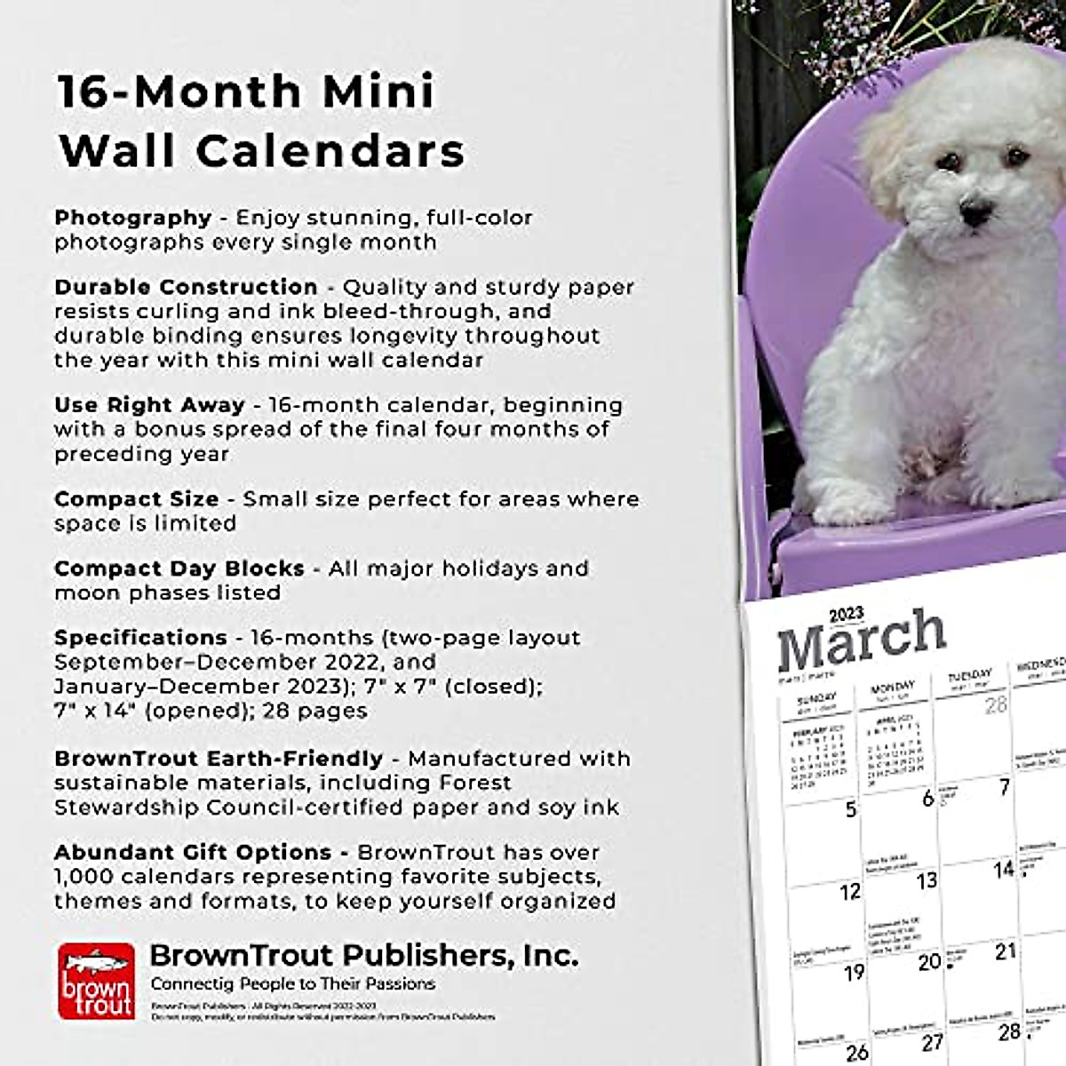Bichon Frise Puppies | 2023 7 x 14 Inch Monthly Mini Wall Calendar | BrownTrout | Animals Dog Breeds Puppy DogDays