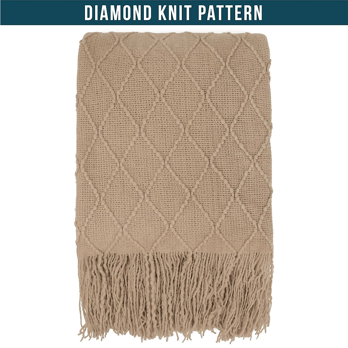 PAVILIA Tan Taupe Knit Throw Blanket Couch, Soft Knitted Boho Farmhouse Home Decor Woven Throw, Cozy Decorative Afghan Bed Sofa, Outdoor Summer Fall Gift Lightweight, Neutral Beige Camel Brown, 50x60