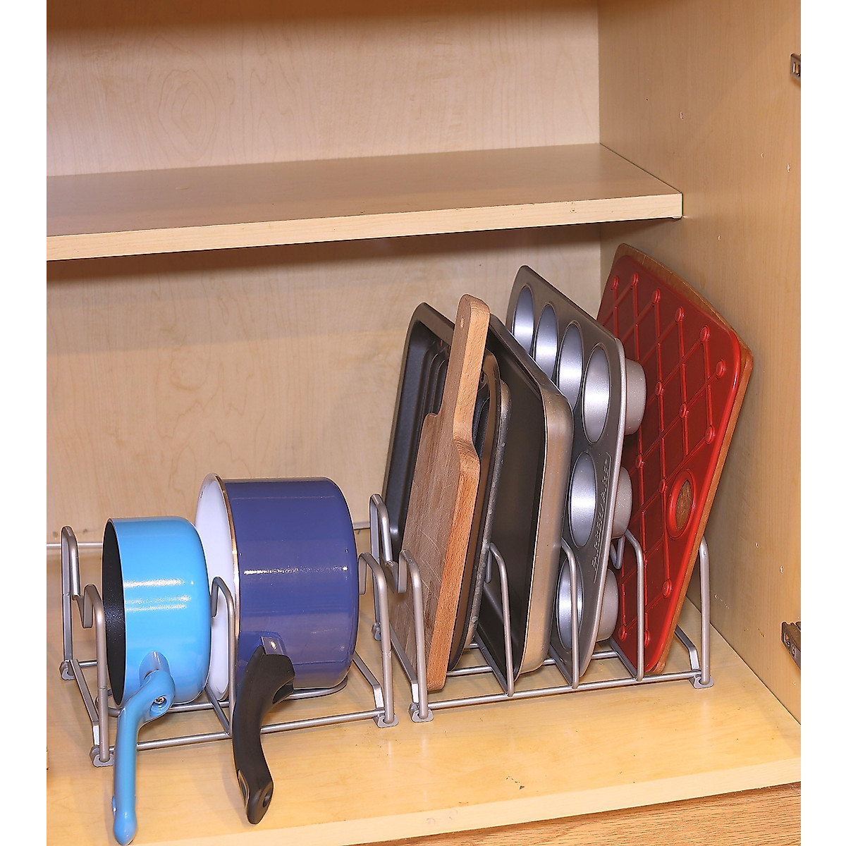 SimpleHouseware 2PK Kitchen Cabinet Pan and Pot Lid Organizer Rack, Total 6 Compartments, Silver