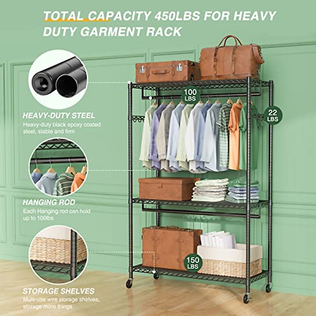 LEHOM G1 3 Tiers Garment Rack with Storage Shelves, Heavy Duty Rolling Free-Standing Clothing Rack Closet Organizer with Double Rods/Lockable Wheels & 2 Pairs Side Hooks, Max Load 450 LBS, Black