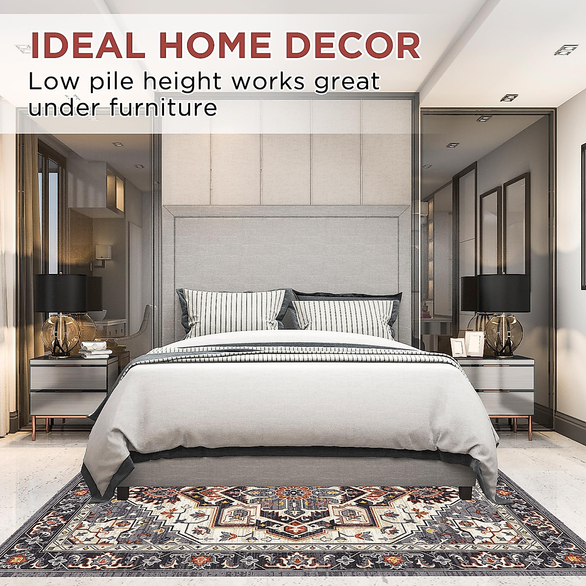 HOMFINE Ultra-Soft Washable Area Rug - 6x9 Non-Slip Vintage Low Pile Carpet Medallion Rugs for Living Room Bedroom Dining Room Office, Black