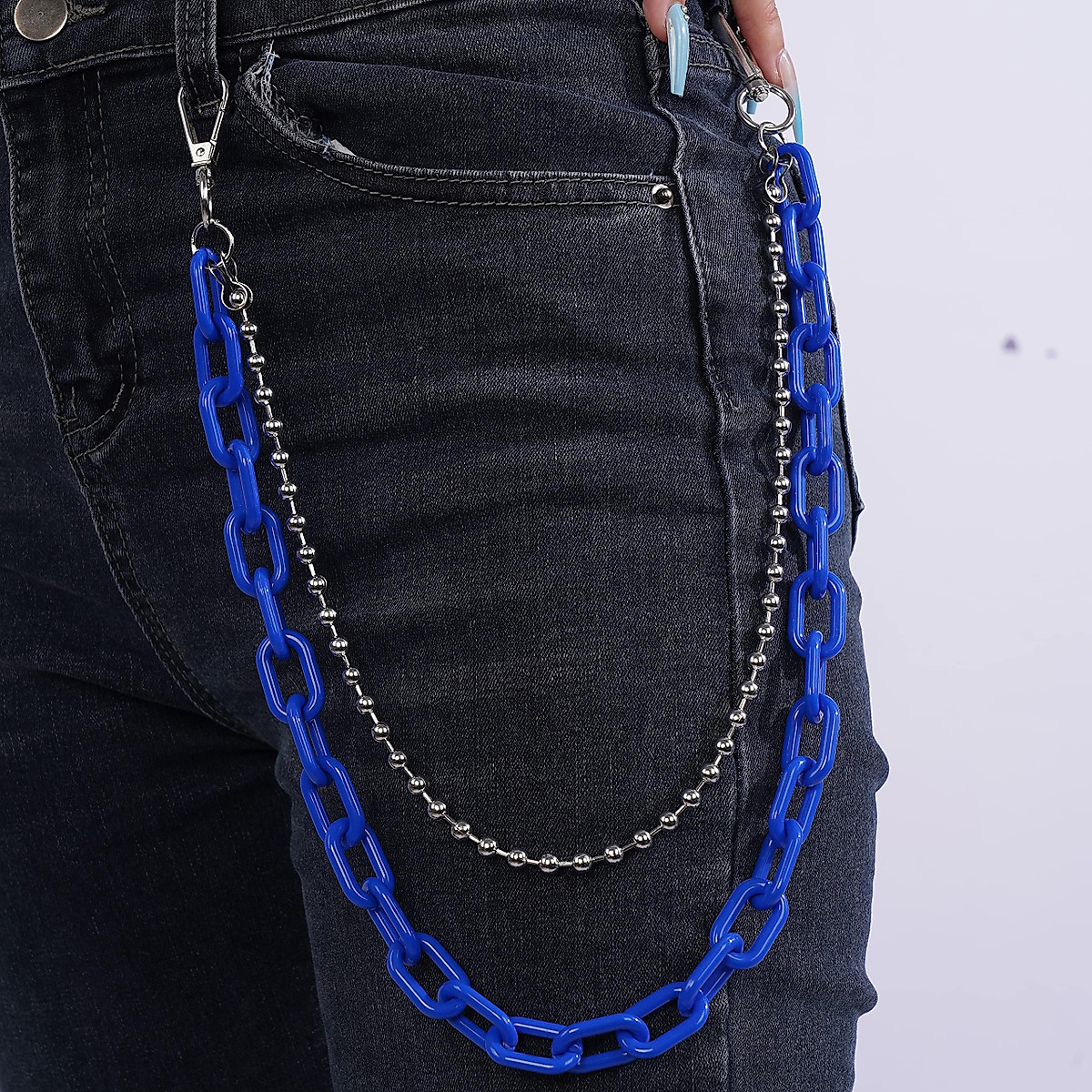 YERTTER Cute Color Acrylic Layered Jeans Pants Chains Hip Hop Trousers Chain Colorful Acrylic Gothic Rock Jean Pant Chain Waist Link Chain for Women Men Egirls (Blue)