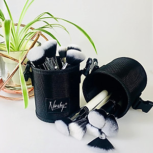 Nanshy Travel Makeup Brush Holder with Lid - Large, Stand Up Makeup Brush Case for MUA - 2-in-1 Durable Makeup Brush Organizer Bag & 2 Brush Cups - Brushes Not Included - Black - 9 x 4 x 4 Inches