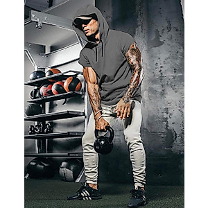 COOFANDY Men's Workout Hoodie Short Sleeve Hoodie Sweatshirts Gym Muscle Tee Cotton Hooded T Shirt with Pocket Dark Grey