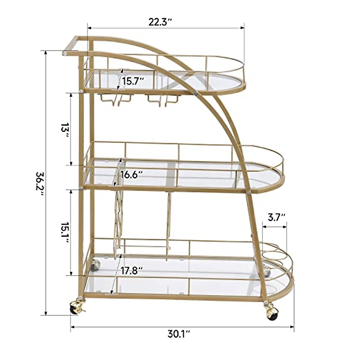 Angel Sar Gold Bar Cart on Wheels, 3 Tier Home Bar Serving Cart with 3 Glass Shelves, Wine Racks, Glass Holders, for Kitchen, Dining Room