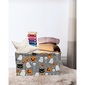 Halloween Grey Cube Storage Organizer Bins with Handles,15x11x9.5 Inch Collapsible Canvas Cloth Fabric Storage Basket,Books Kids' Bin Boxes for Shelves,Closet Spooky Pumpkin Ghost Skull Horror 1 Pack