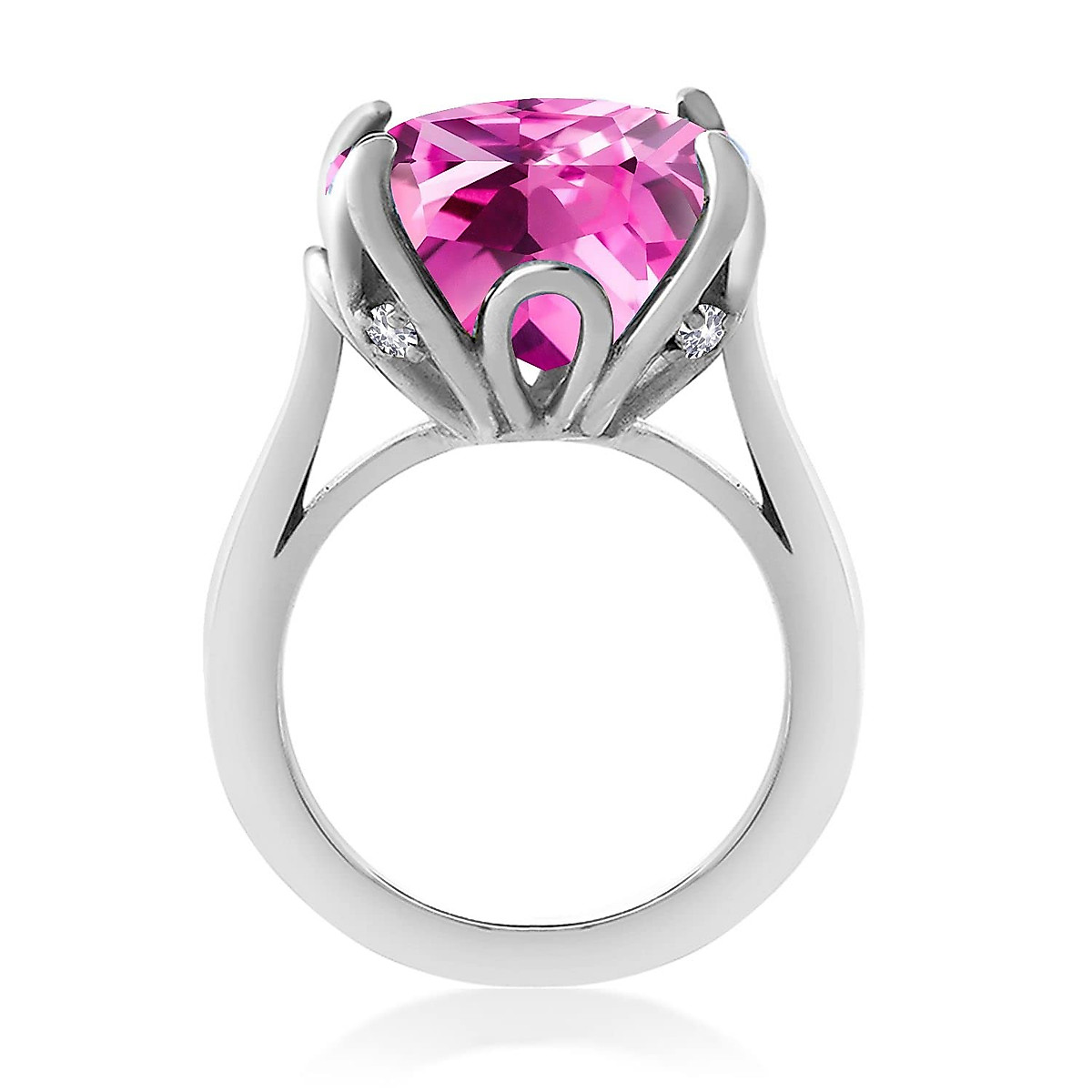 Gem Stone King 925 Sterling Silver Pink Created Sapphire and White Created Sapphire Engagement Ring For Women (14.62 Cttw, 14MM Cushion, Size 7)
