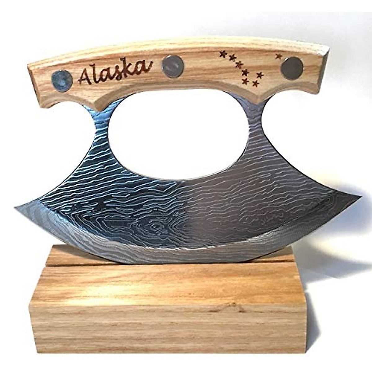 Arctic Circle Alaska Ulu Wood Handle Dipper Design Forged Damascus Blade Wood Stand