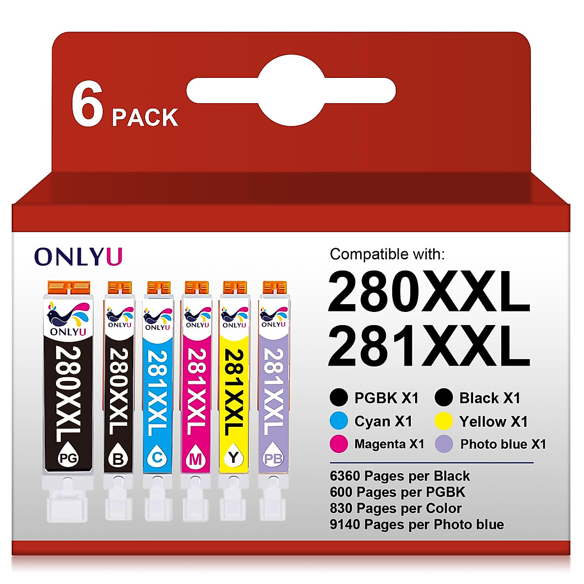 ONLYU Compatible Ink Cartridge Replacement for Canon 280 281 PGI-280XXL CLI-281XXL Ink 281 280 for Pixma TS9120 TS8120 TS8320 TS8220 TS8300 TS9120 TS 8100 Printer (6 Pack)