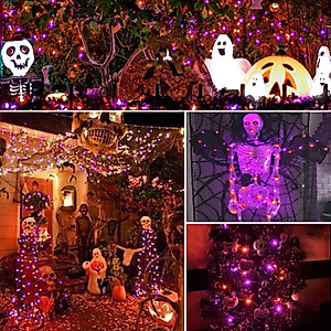 SANJICHA Orange and Purple Solar Halloween Lights Outdoor Waterproof, 4-Pack 132 FT 400 LED Solar String Lights Black Wire 8 Modes Solar Fairy Lights for Festive Decoration Tree Horror Party