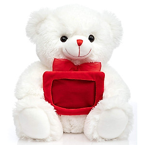 HollyHOME Teddy Bear Stuffed Animal Plush Bear with Red Bow Holding a Picture Frame Soft Plush Toy Christmas Valentine's Day Gift 12 Inches White