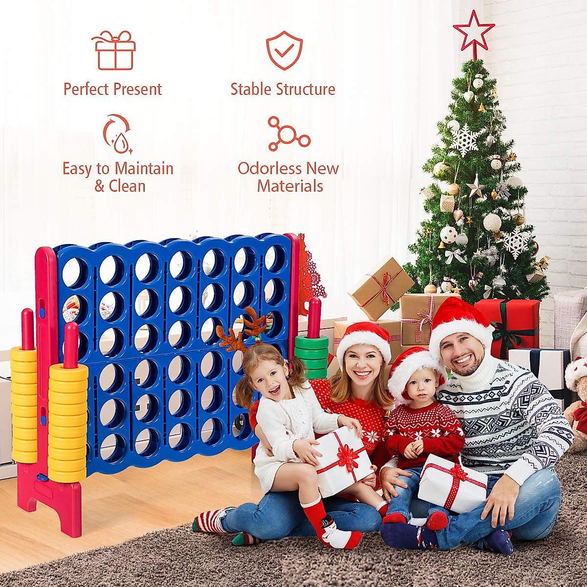 Costzon Giant 4-in-A-Row, Jumbo 4-to-Score Giant Game Set for Kids & Adults, Indoor Outdoor Yard Connect Game, 3.5FT Tall with 42 Jumbo Rings & Quick-Release Slider, Perfect for Family & Party Games