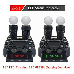 Controller Charger Charging Station Fast Charging Adapter, Multi Functional Charging Station for Sony / Move/ VR Controller with LED Indicator