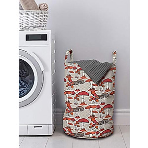 Ambesonne Mushroom Laundry Bag, Toadstools Forrest Pattern Autumn Feels Trees Nature Art on Polka Dots, Hamper Basket with Handles Drawstring Closure for Laundromats, 13" x 19", Orange Dark Coral Tan