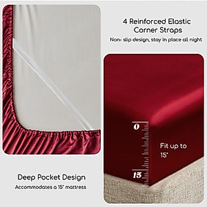 MR&HM Satin Bed Sheets, King Size Sheets Set, 4 Pcs Silky Bedding Set with 15 Inches Deep Pocket for Mattress (King, Burgundy)