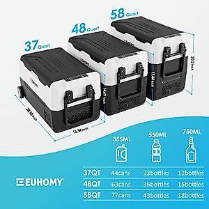 EUHOMY 12 Volt Refrigerators, -4℉~68℉, 57 Quart（55L） Electric Cooler Portable Freezer 12/24V DC and 120-240V AC, Removable Divider, Car Reridgerator for Travel,Camping, Fishing, RV, or Home