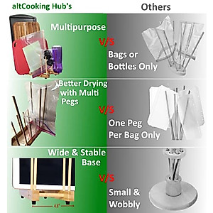 altCooking Hub Bamboo Plastic Bag Drying Rack & Bamboo Bottle Brush - Multipurpose Dish Drying Rack for Silicone Reusable Bags, Baby Bottles, Water Bottles, Plates, Wine Glasses