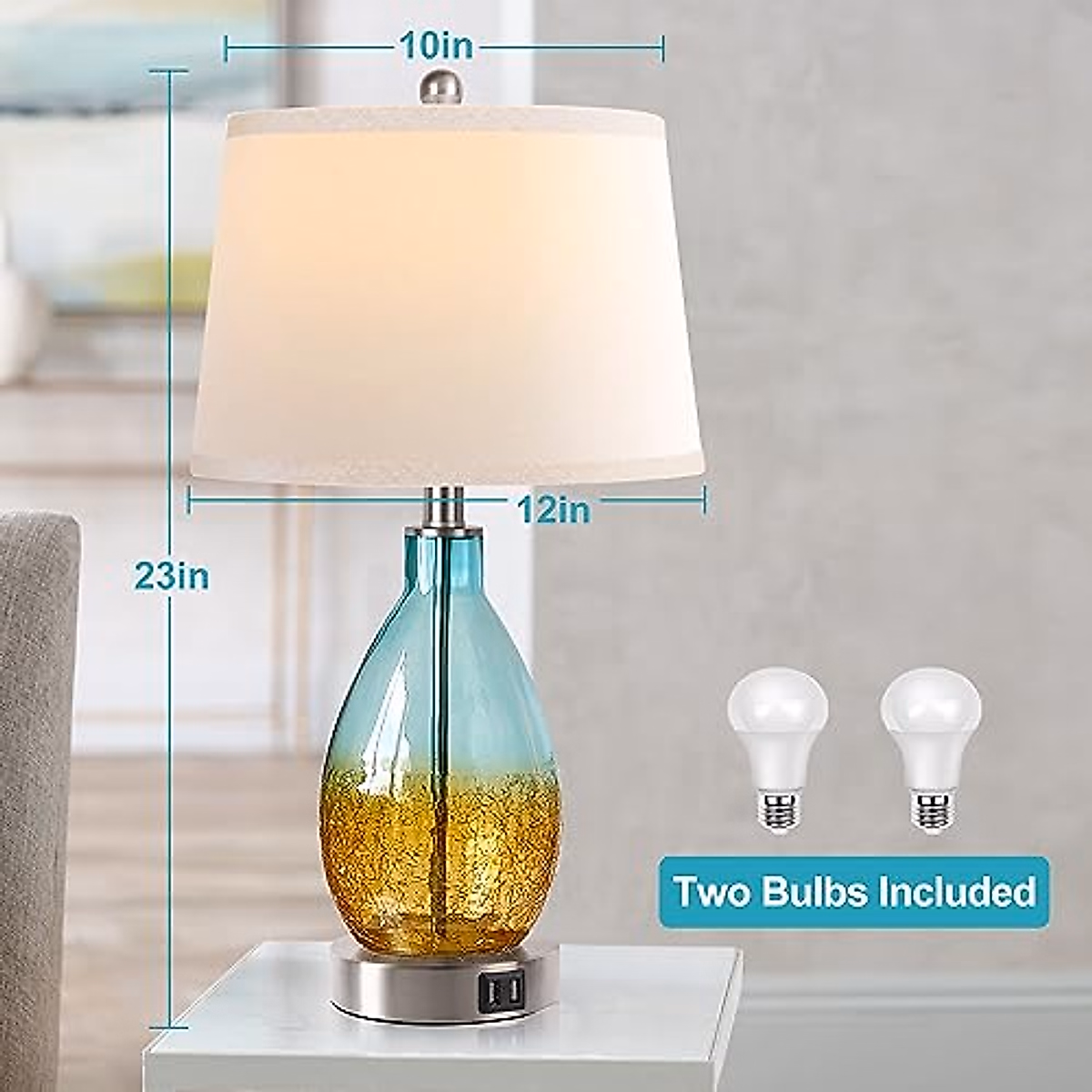 Table Lamps Set of 2, Modern Ombre Blue Glass Touch Control Bedroom Nightstand Lamp for Living Room with USB Ports, Coastal 3-Way Dimmable Bedside Table Lamp with White Shade (LED Bulbs Included)