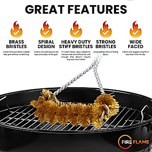 Fireflame BBQ Grill Brush – Non-Scratch Brass Bristles - 21-Inch Long Handle Barbecue Grill Cleaning Brush - Wide-Faced Spiral Heavy-Duty – Made in The USA