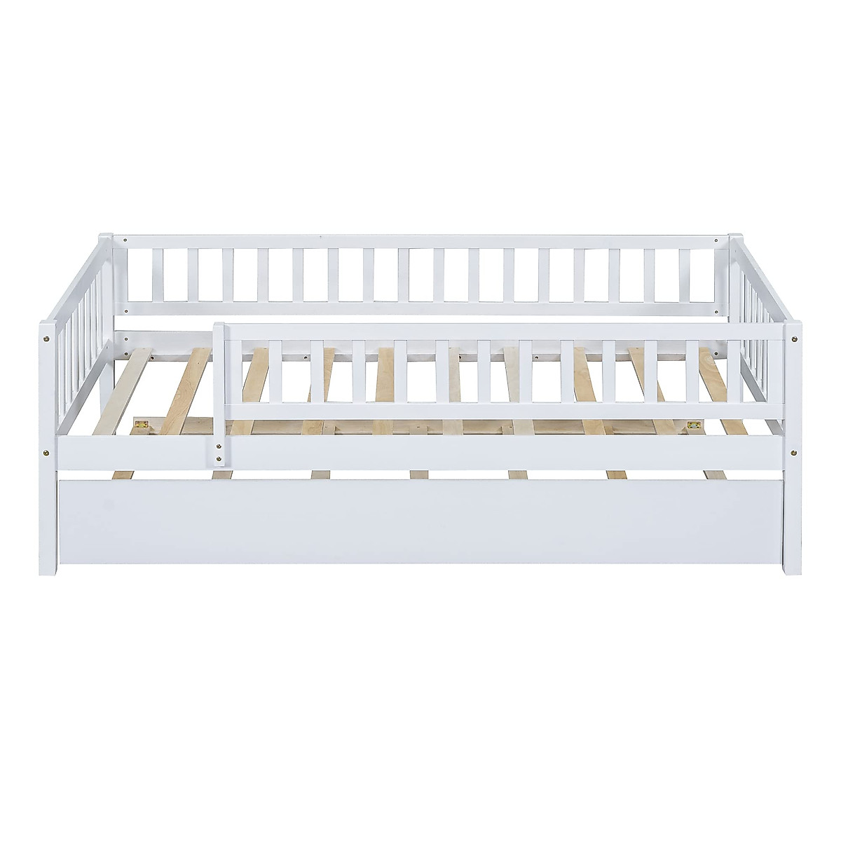 Hlcodca Twin Size Bed Frame with Trundle and Fence Guardrails for Kids Teens Adults, Wood Slat Support, No Box Spring Needed, Easy Assembly (White, Twin)