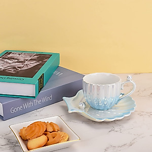 Koythin Ceramic Coffee Mug with Saucer, Creative Pearl Shell Cup, Cute Coffee Mugs for Office and Home, 6.5 oz/200 ml for Tea Latte Milk (Gradient Blue)