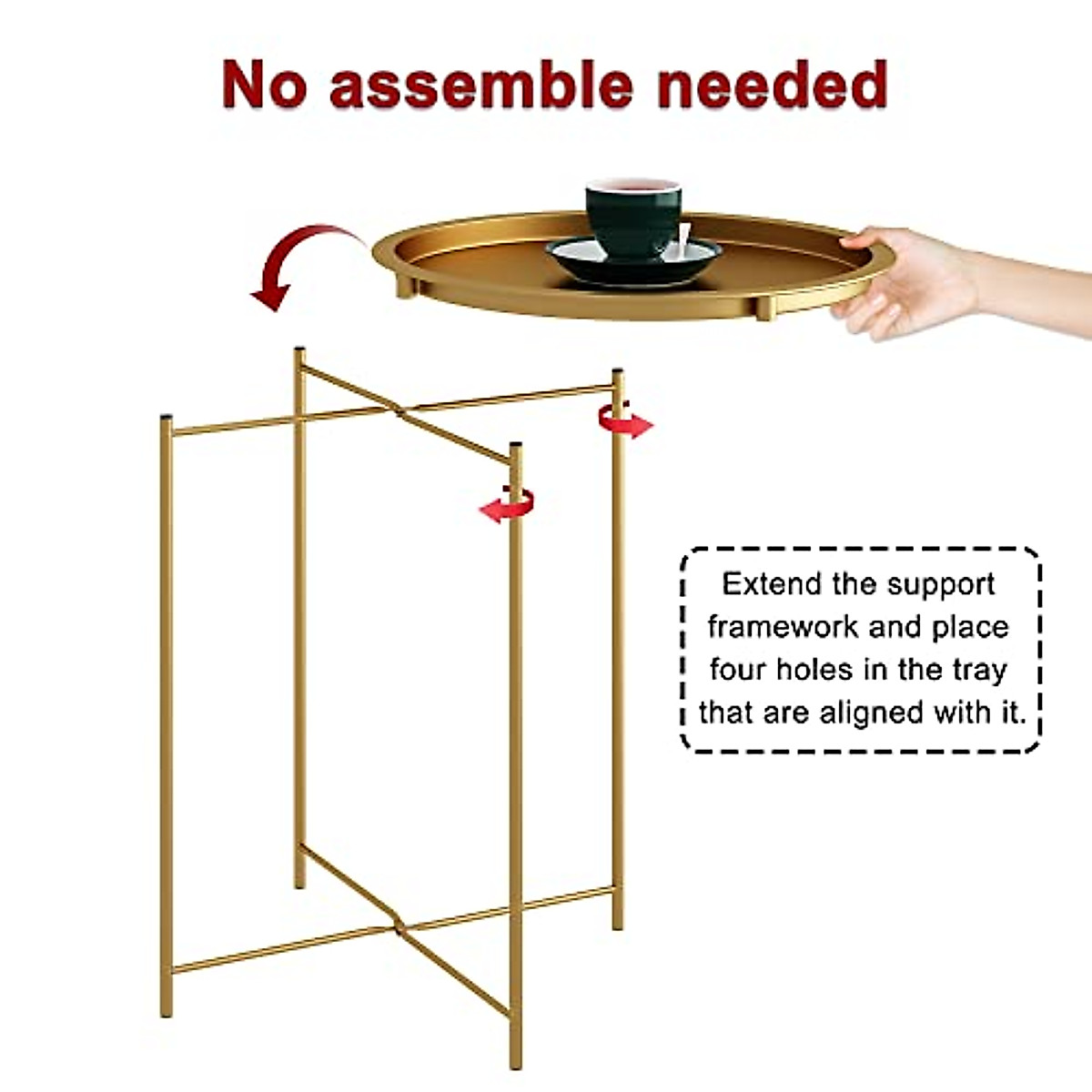 HOME BI Small Round End Table, Accent Side Table Nightstand with Removable Tray Top for Living Room Bedroom, Folding Mini Coffee Table, All Metal Frame, No Assembly Required, Gold