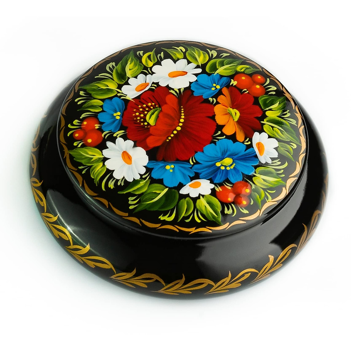 Gift Jewelry Box for Earrings, Necklace, Rings, Round Wooden Case with Hand Painted Flowers on Black Lacquer, for Girls and Women, Made in Europe (Rose)