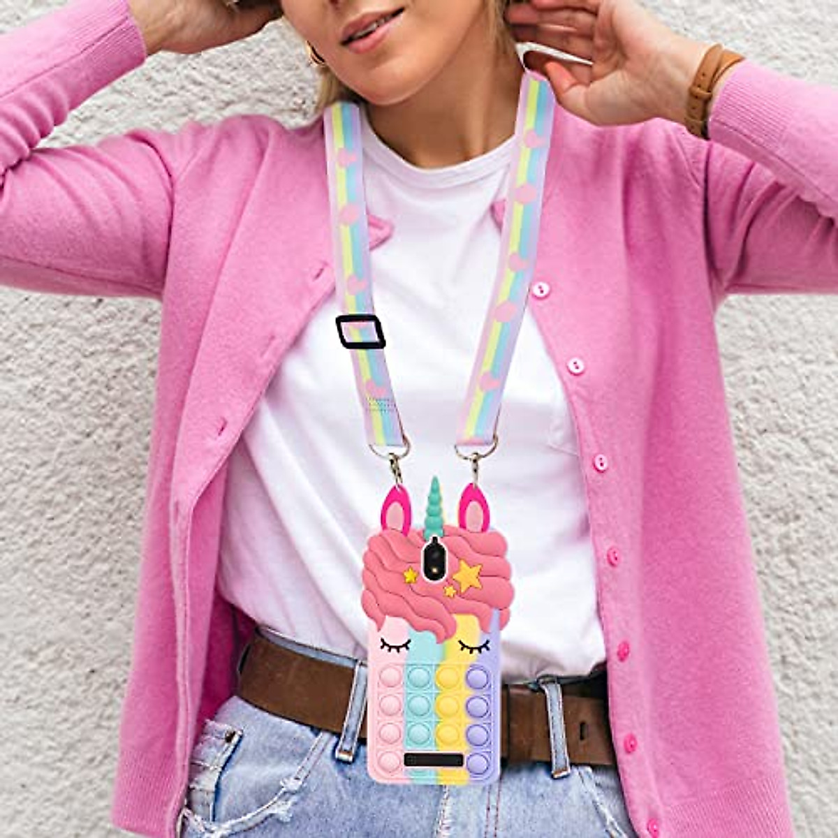 nancheng Case for BLU View 2 / B130DL Phone, Cartoon Bubble Push Pop Fidget Toys with Strap Cute Funny Kawaii Stress Relief Silicone Shockproof Protective Cover for BLU View 2 - Rainbow