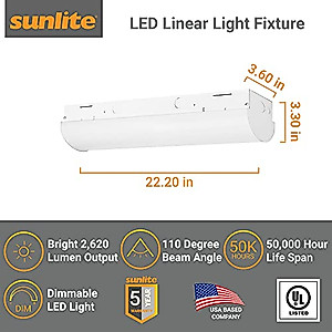 Sunlite 85471 2-Foot LED Linear Strip Light Fixture, 20 Watts, 120-277 Volts, Dimmable, 50,000 Hour Life Span, 4000K Cool White, 82 CRI, Surface Mount, Steel Body, UL & DLC Listed