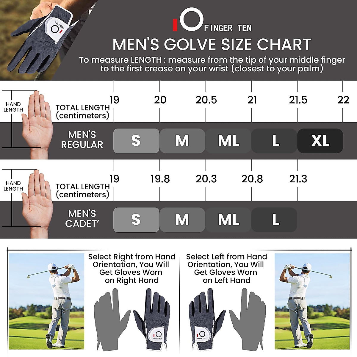 FINGER TEN Golf Gloves Men Right Left Handed Golfer Mens Glove RainGrip Hot Wet Weather Value 6 Pack, All Weather in Grey Medium/Large (Grey, Medium/Large, Left)