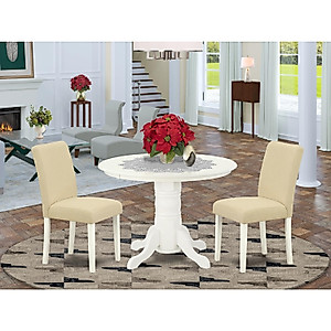 HomeStock Elegant Escape 3Pc Round 42 Inch Dining Room Table and A Pair of Parson Chair with Linen White Leg and Linen Fabric Light Beige