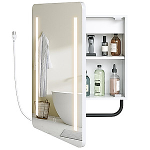 HOOBRO Bathroom Medicine Cabinet with Mirror and Lights, Wall-Mounted Cabinet with Storage, Lighted Medicine Cabinet with LED Lights, Adjustable Shelf, Charging Station, 2 Power Outlets, White