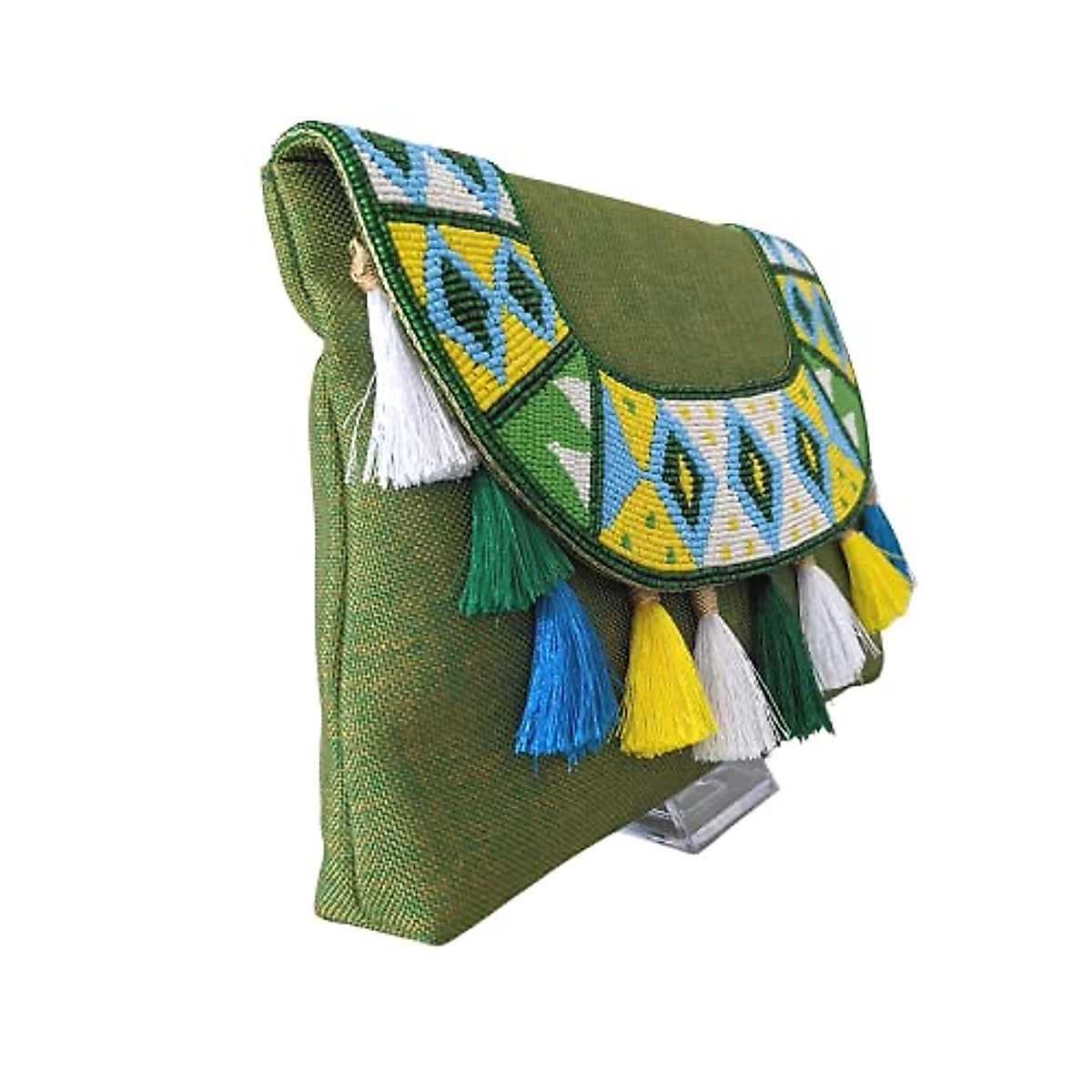 Women Boho Envelope Purse, Evening Bag, Shoulder Bag, Cross-body Bag With Handmade Beaded Pattern & Detachable Shoulder Chain (Green)