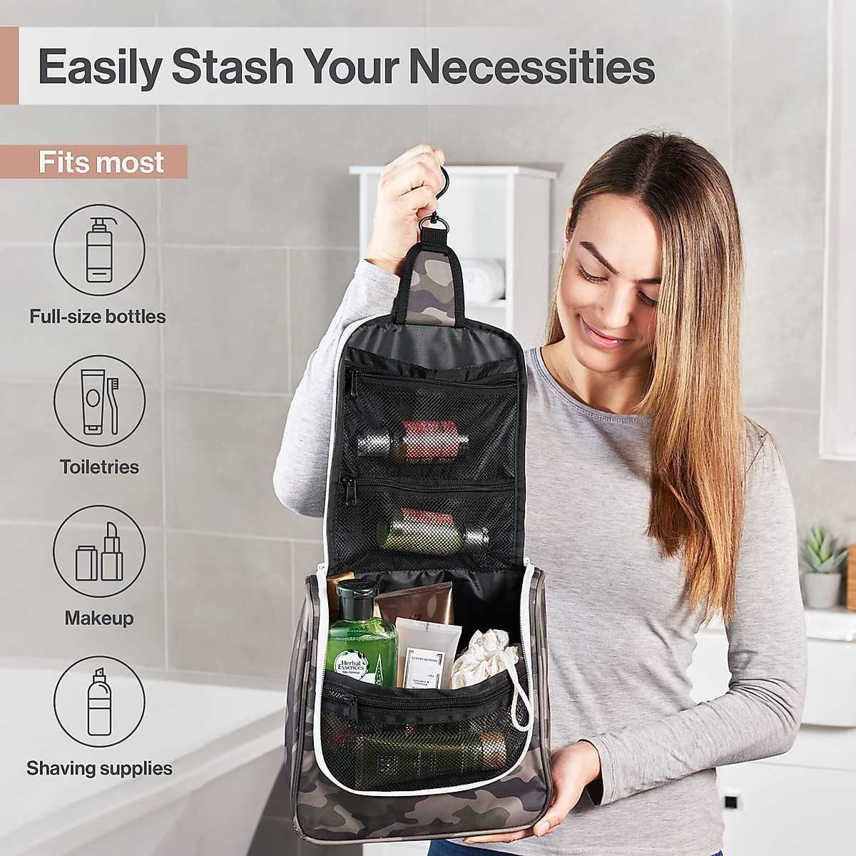 Wayfarer Supply Hanging Travel Toiletry Bag - Large Cosmetic Bag Organizer for Toiletries, Makeup and Shaving Supplies - Cruise and Travel Essentials for Women & Men, Camouflage