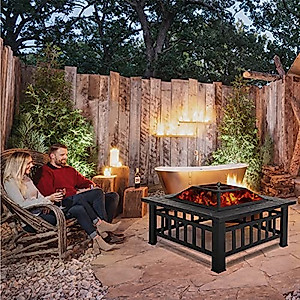 Hkeli 32 inches Fire Pit Square Metal Fire Pit Firepit Outdoor Multifunctional Fire Pit Table Wood Burning Fireplace with Spark Screen & Safety Poker for Patio Backyard Garden, black