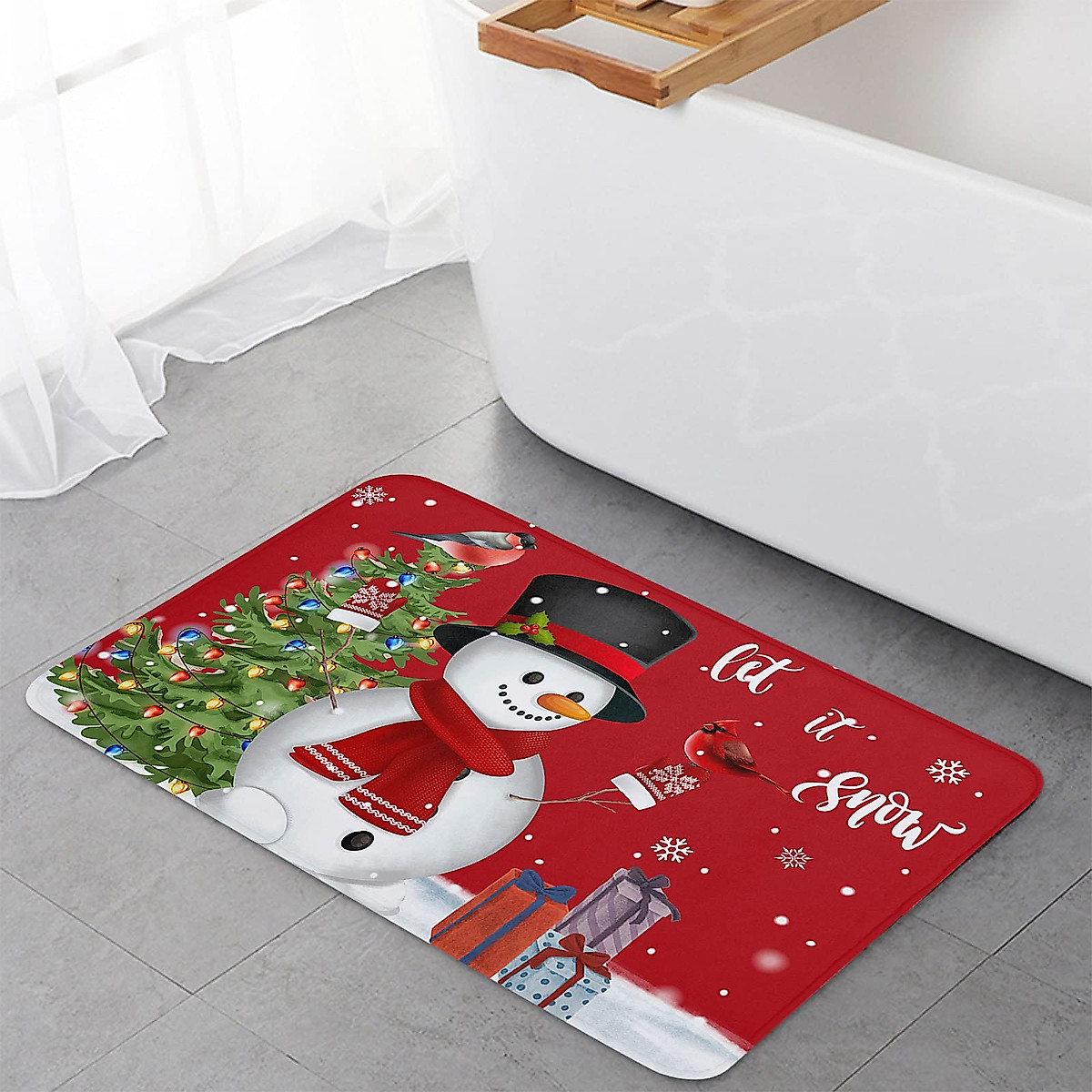 Teather Snowman Cardinal Birds Red Christmas Bath Rugs Snowflake Xmas Tree Sponge Doormat Absorbent Non Slip Backing Durable Soft Flannel Memory Foam Mats Carpet for Bathroom Kitchen, 20x31.5 inches