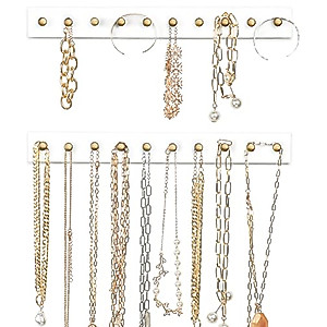 Mkono Necklace Holder Wall Mounted Set of 2 Rustic Wood Necklaces Hanger, Jewelry Organizer Hanging with 20 Gold Round Hooks, Jewelry Hooks for Necklaces, Bracelets, Chains, Keys,White