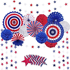 MOVINPE 4th of July Patriotic Party Decorations Set, American Flag Hanging Paper Fans, Paper Flower Balls Pom Poms, 4Pcs Star Streamers Banner Garland Independence Day Party Supplies