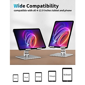 ALASHI Tablet Stand for Desk, Stable Holder with Heavy and Thickened Metal Base for Large Tablet Device, Multi-Angles Adjustable and Foldable, Universal Supports 4-13.3 Inches Tablet, Silver